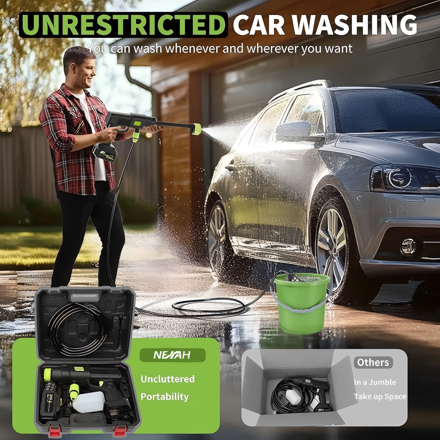 Akkus, hordozható magasnyomású mosó, 300 W, 5 m víztömlő, 8 l/perc, 2 akkumulátor, 28 bar, 6 az ...