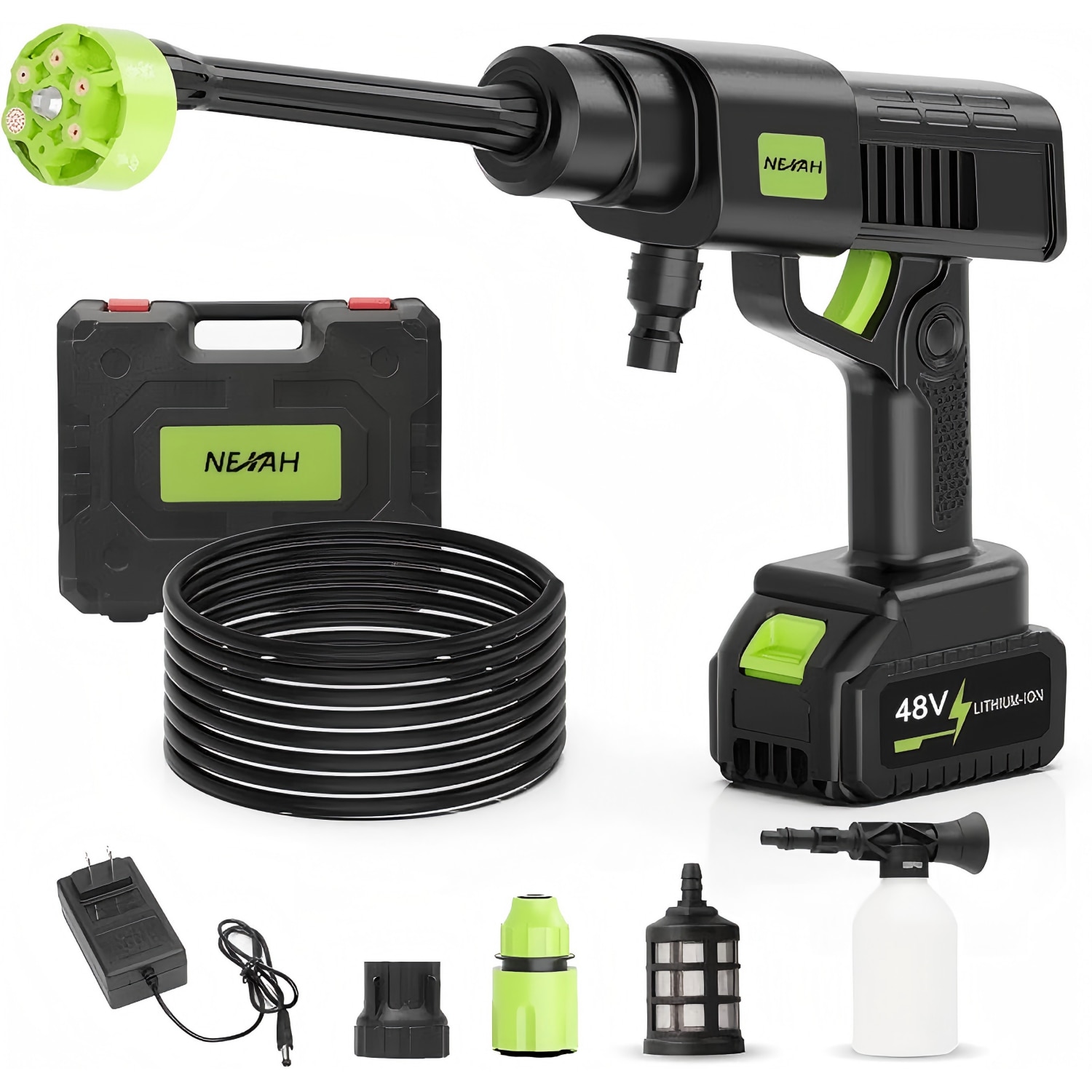 Akkus, hordozható magasnyomású mosó, 300 W, 5 m víztömlő, 8 l/perc, 2 akkumulátor, 28 bar, 6 az ...