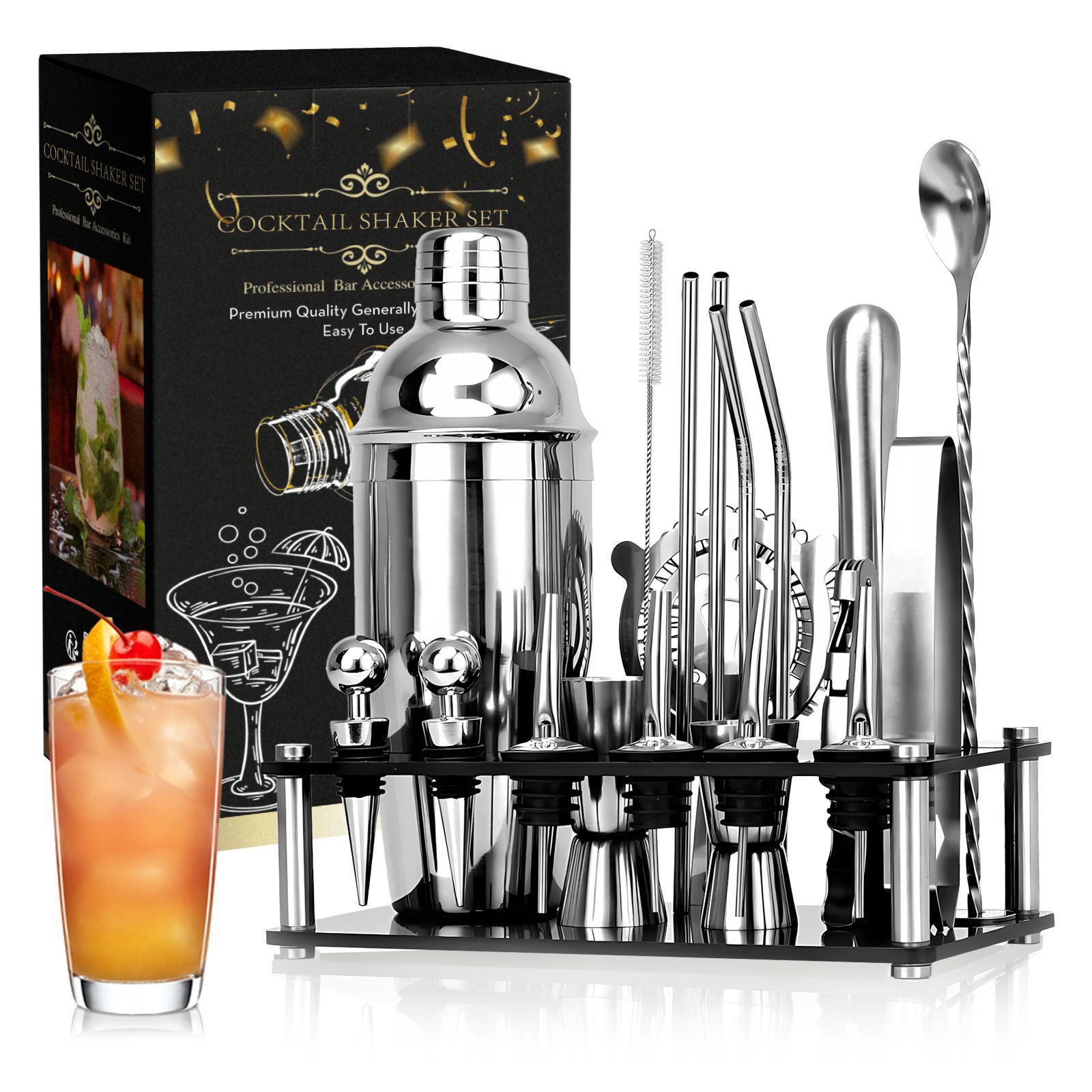 Set barman 19 piese, set shaker cocktail, Fudisenn, shaker 750ml, otel ...