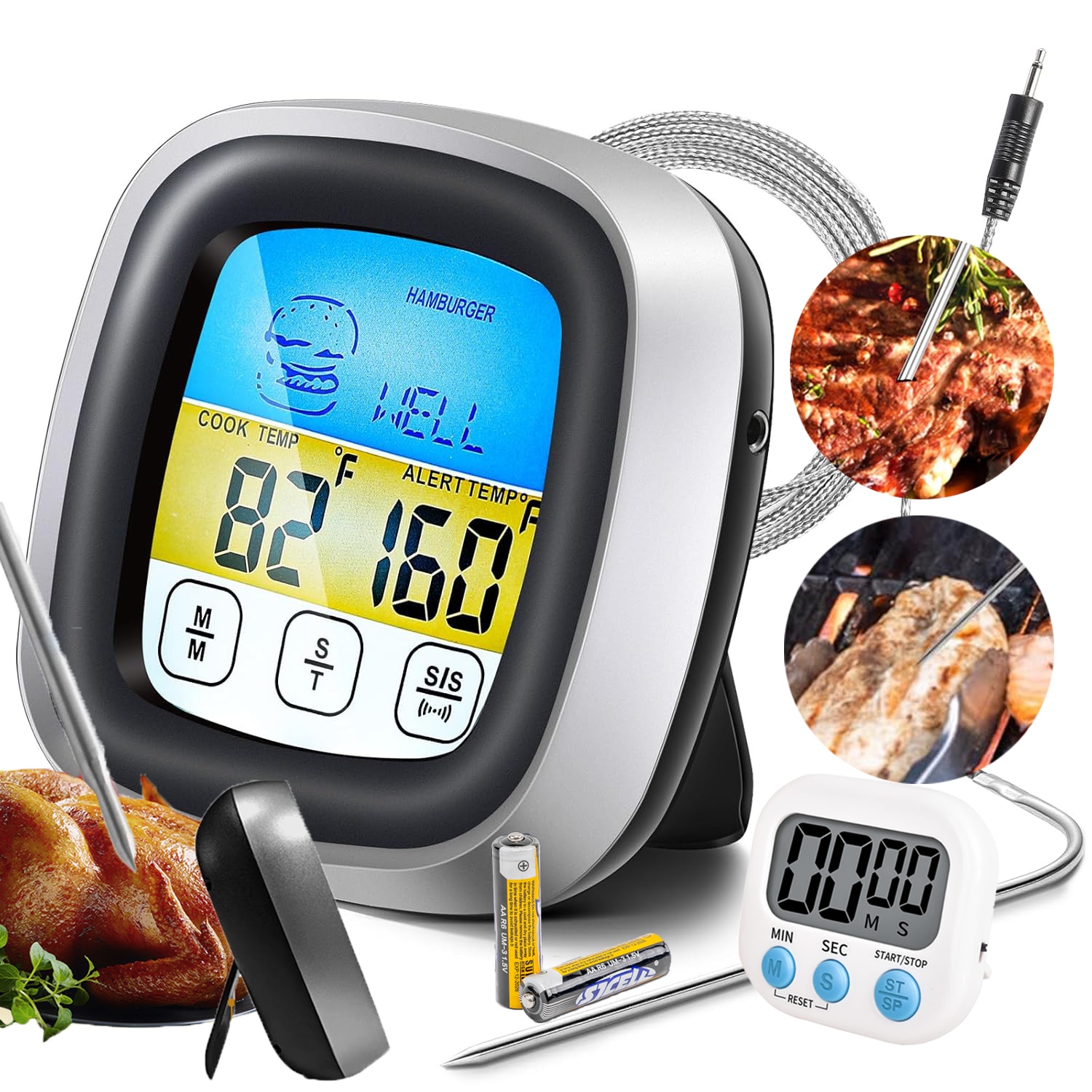 1 termometru pentru carne + 1 cronometru multifunctional + 3 baterii AA ...