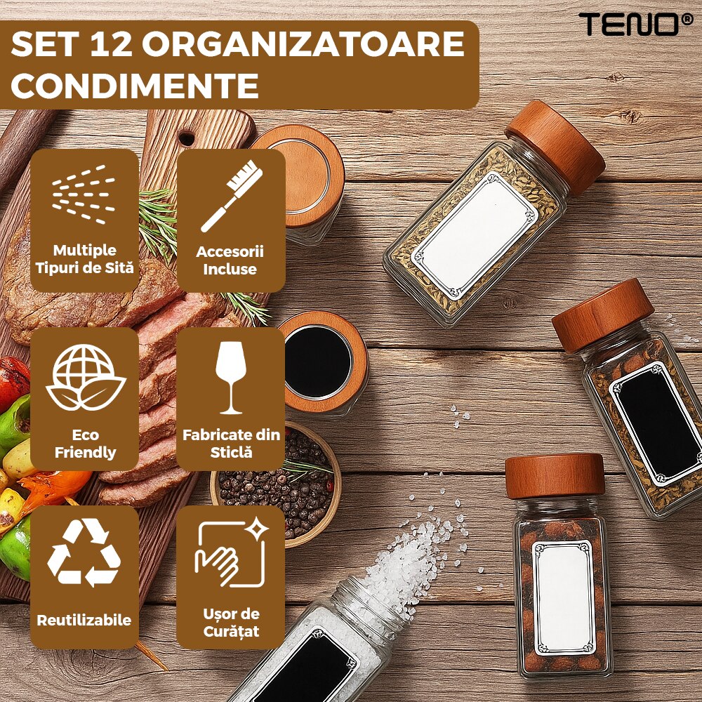 Set 12 Recipiente Organizatoare Condimente Teno®, organizator de ...