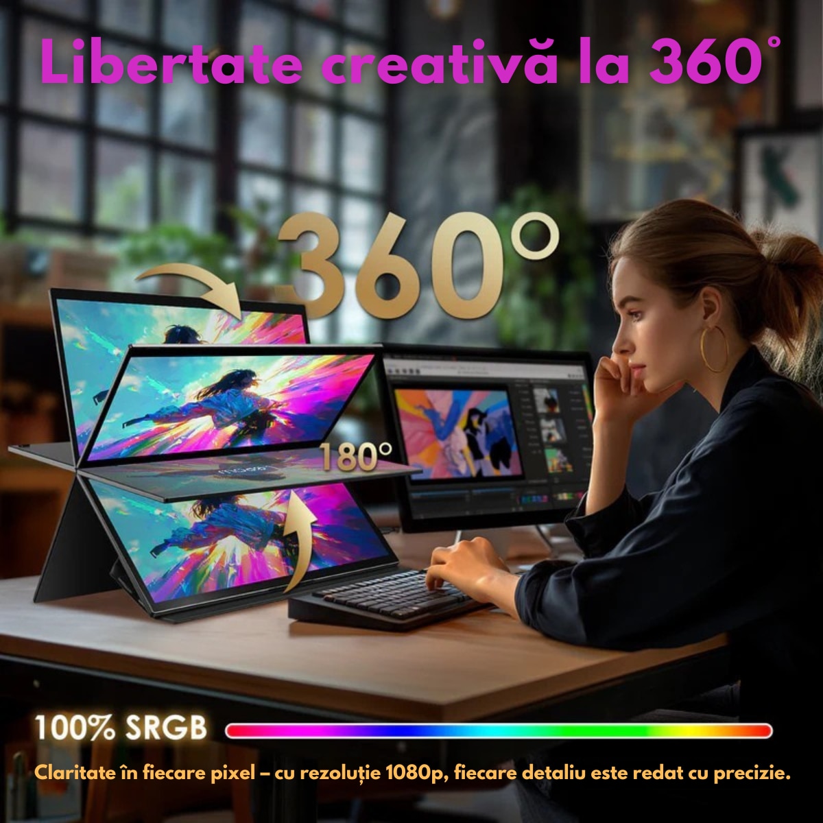 Monitor Dual Pliabil si Portabil de 15.6 inch FHD pentru laptop, Qova ...