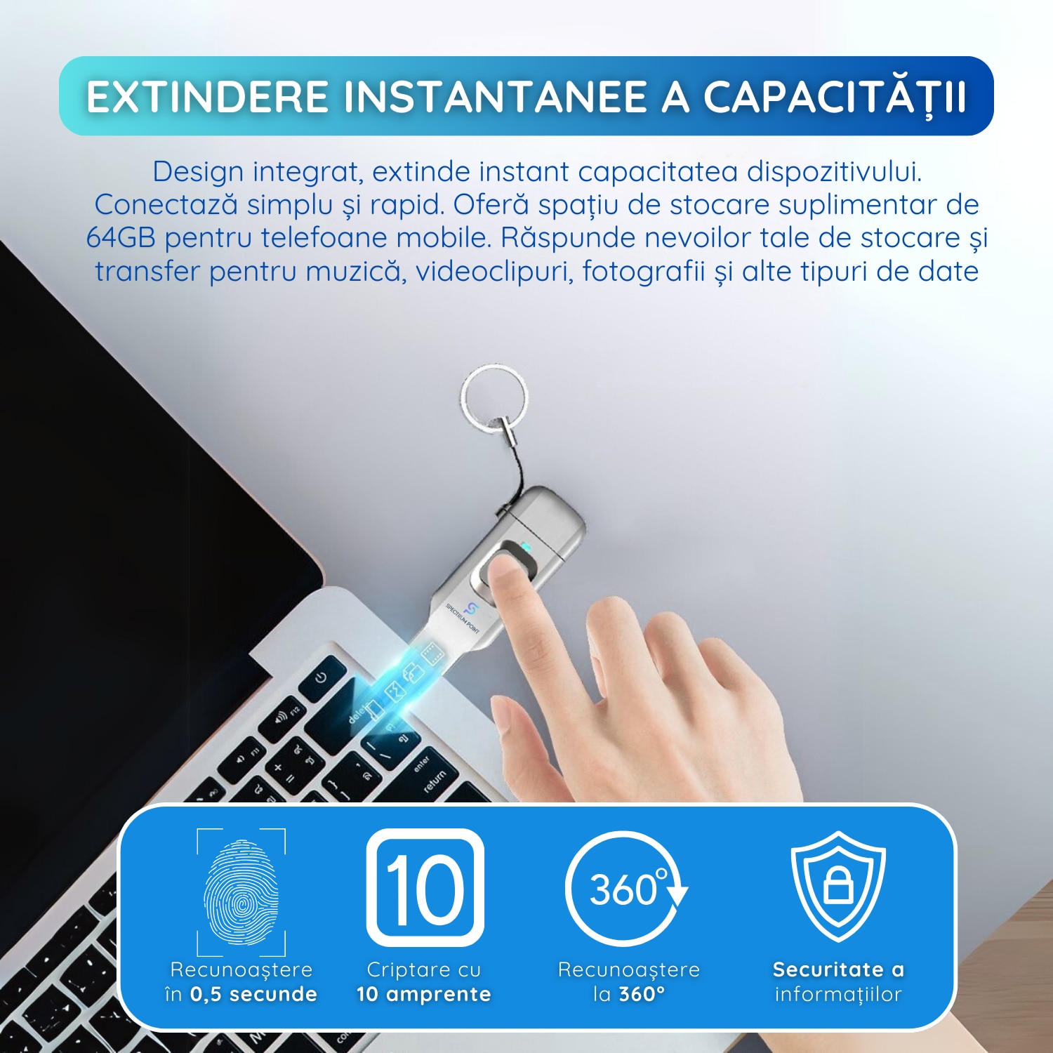 Stick USB 128 GB, USB 3.0 + Type-C, Criptare Amprenta, Recunoastere 360 ...