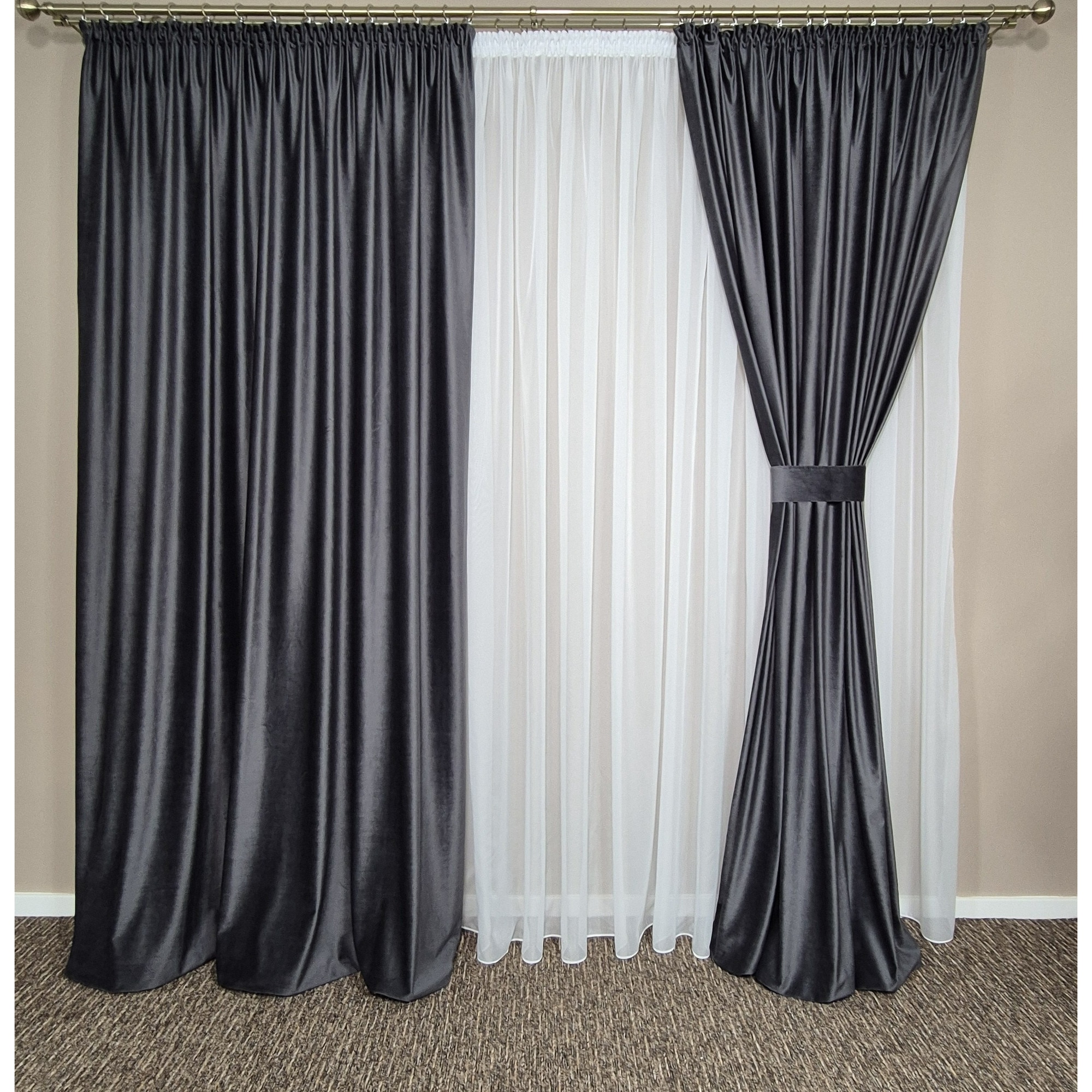 Set MASTEL 2 draperii catifea lux 2x250x260cm gri inchis cu perdea voal ...