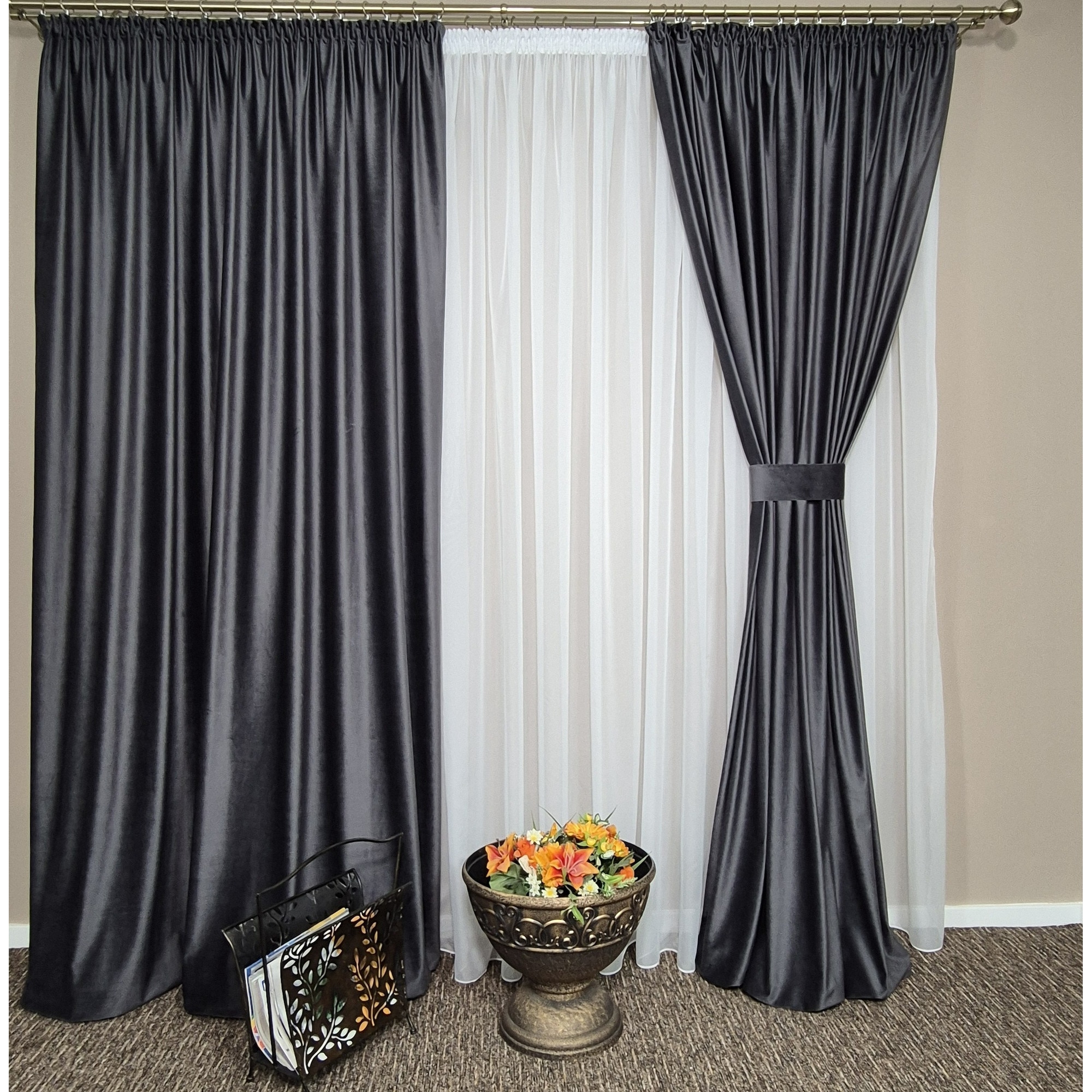 Set MASTEL 2 draperii catifea lux 2x250x260cm gri inchis cu perdea voal ...