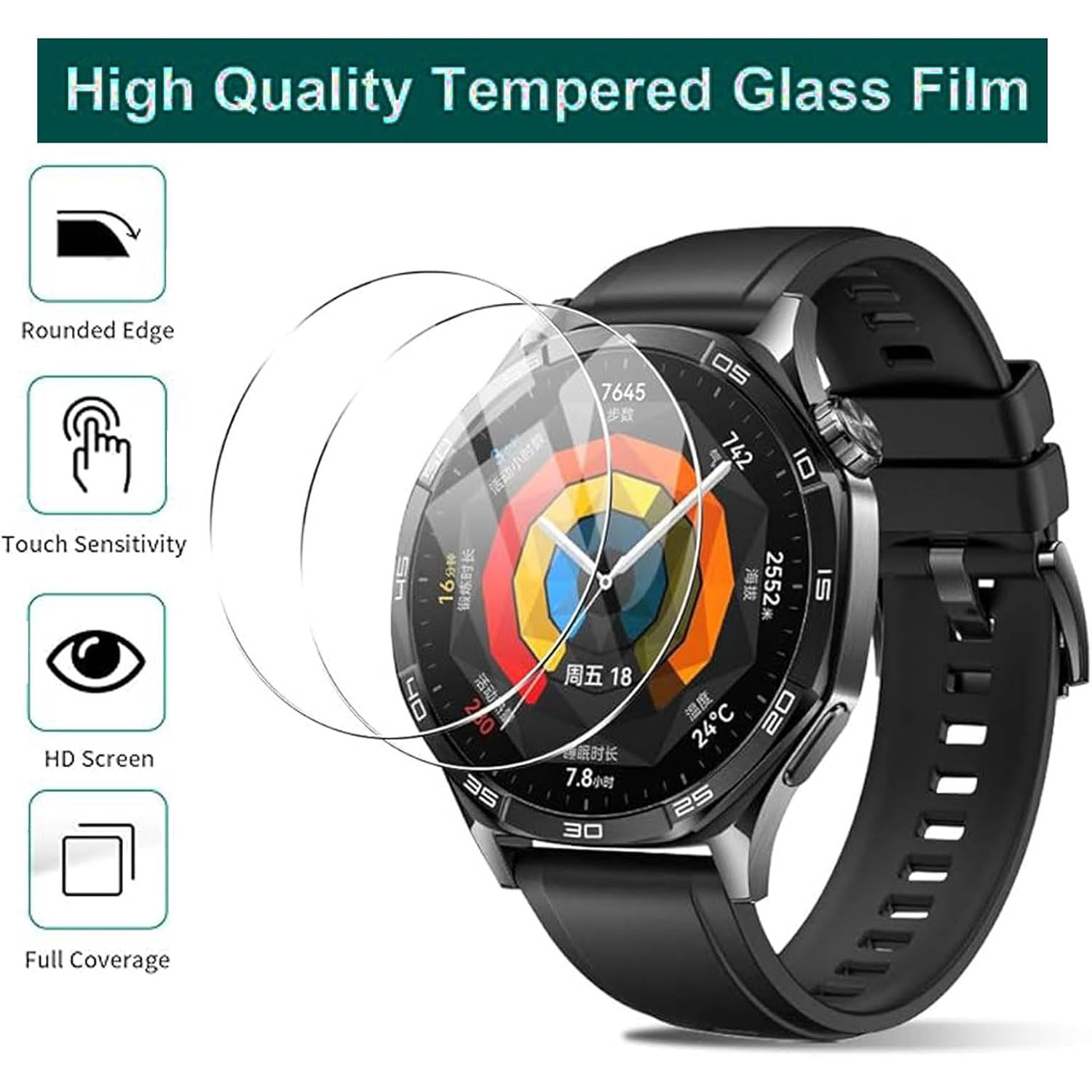 Комплект от 2 стъклени протектора за екран Veaco® 9H, съвместими с Huawei Watch GT 5 46 мм ...