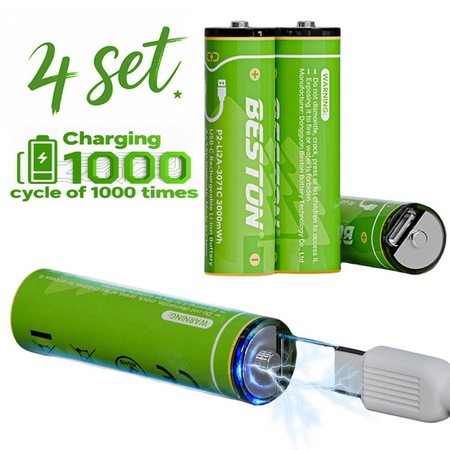 Set de 4 baterii reincarcabile AA USB-C, acumulatori, Li-Ion 1.5V ...