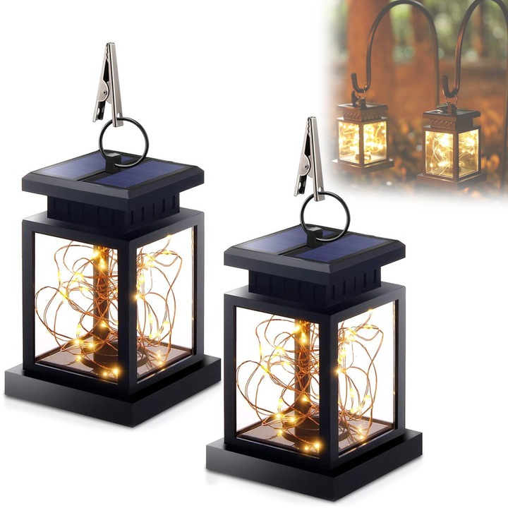 Set 2 felinare solare, LED, portabila, impermeabila, design vintage ...
