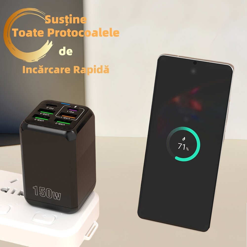 Incarcator pentru telefon, 6 in 1 Super Fast Charge, 150W, 4 USB-A, 2 ...