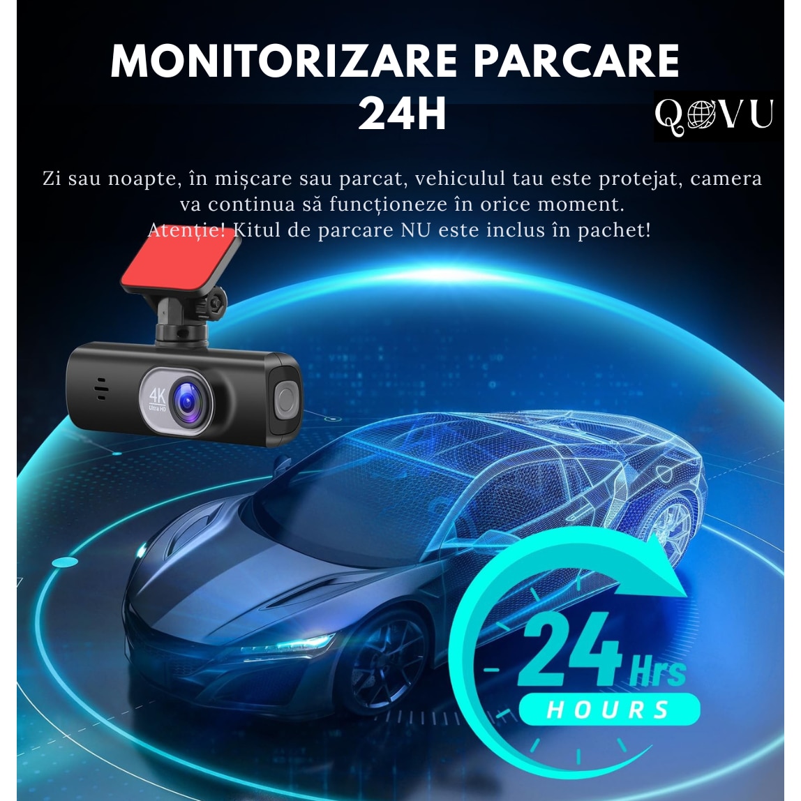Camera de bord DVR V22 QOVU®, 4K Fata 1080P Spate, WiFi & Aplicatie ...
