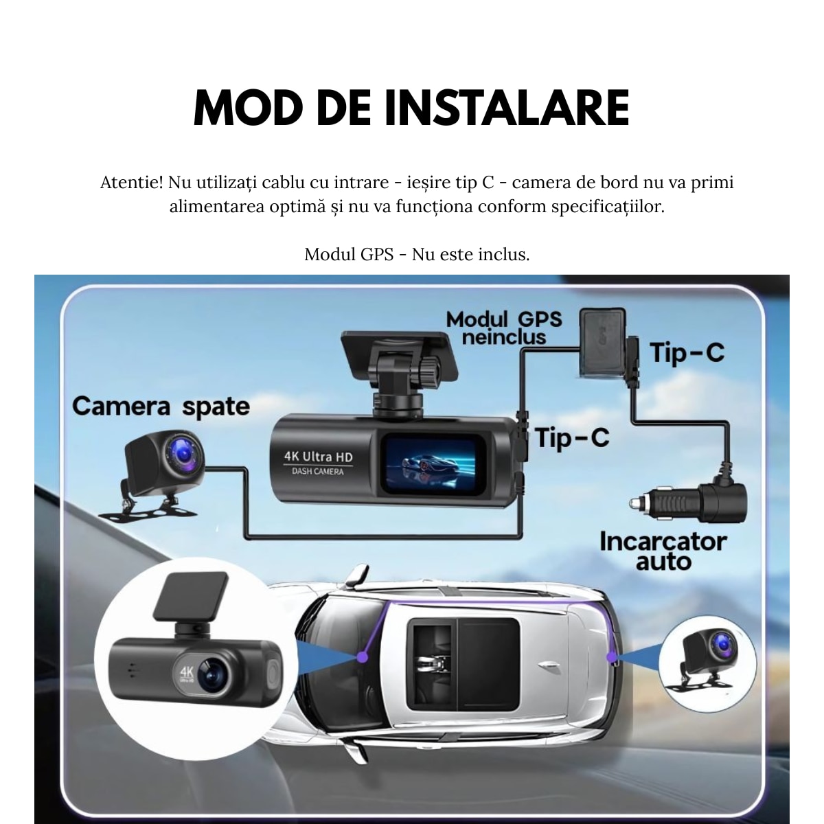 Camera de bord DVR V22 QOVU®, 4K Fata 1080P Spate, WiFi & Aplicatie ...