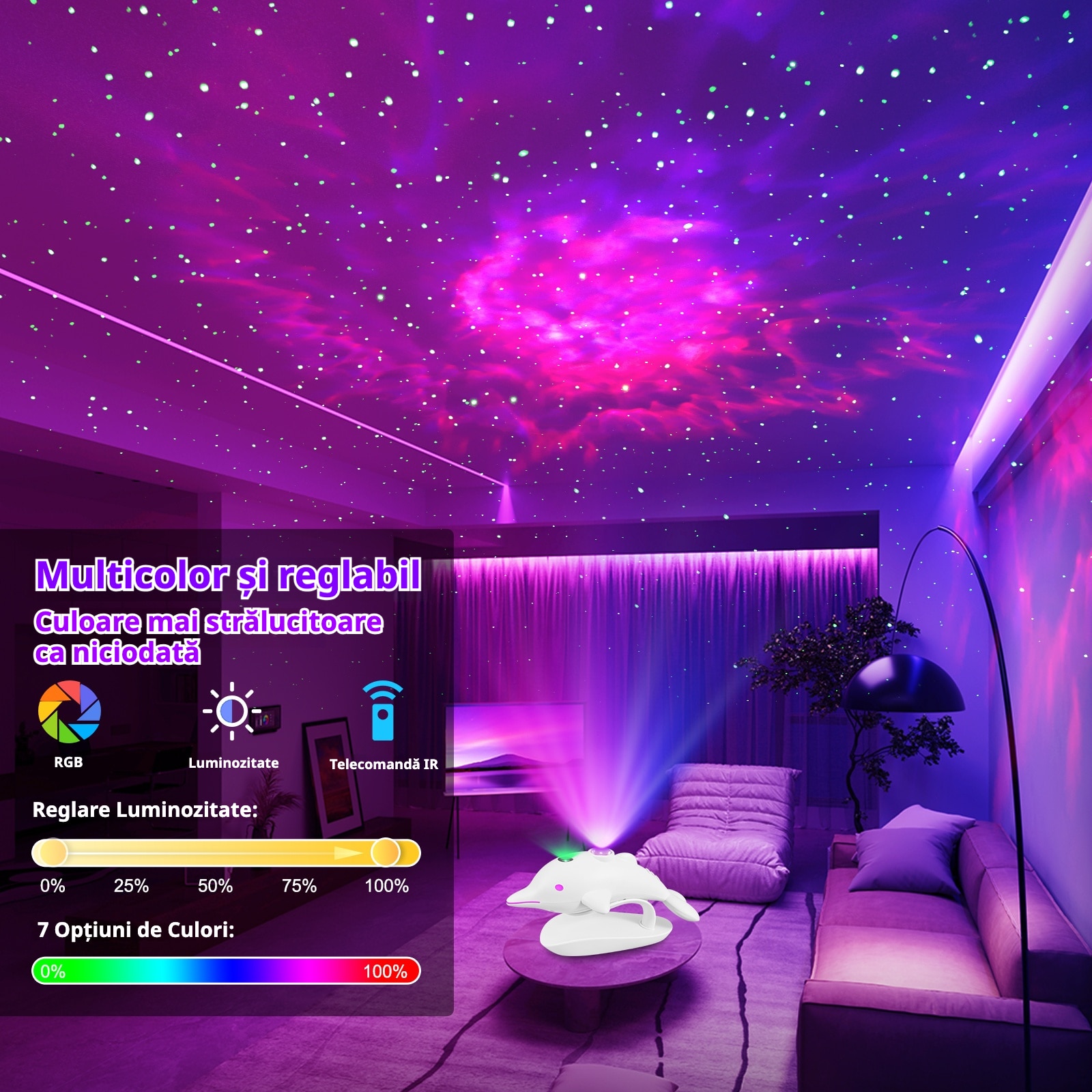 Proiector Stele Tavan Dolphin Galaxy pentru Dormitor, Lampa de veghe ...