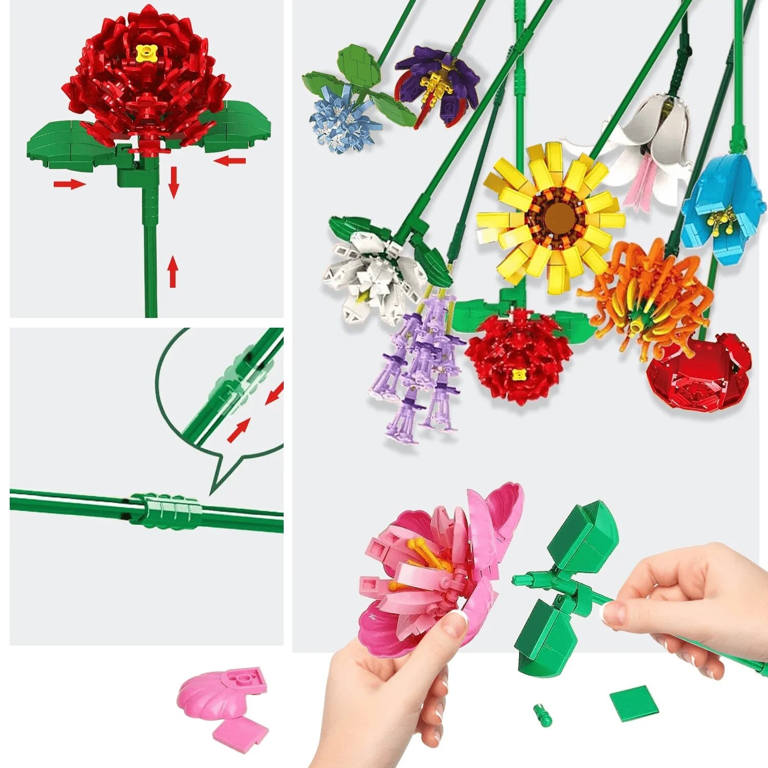 Set de Constructie Flori, BYONDSELF®, Buchet de flori, 1064PCS, 12 ...