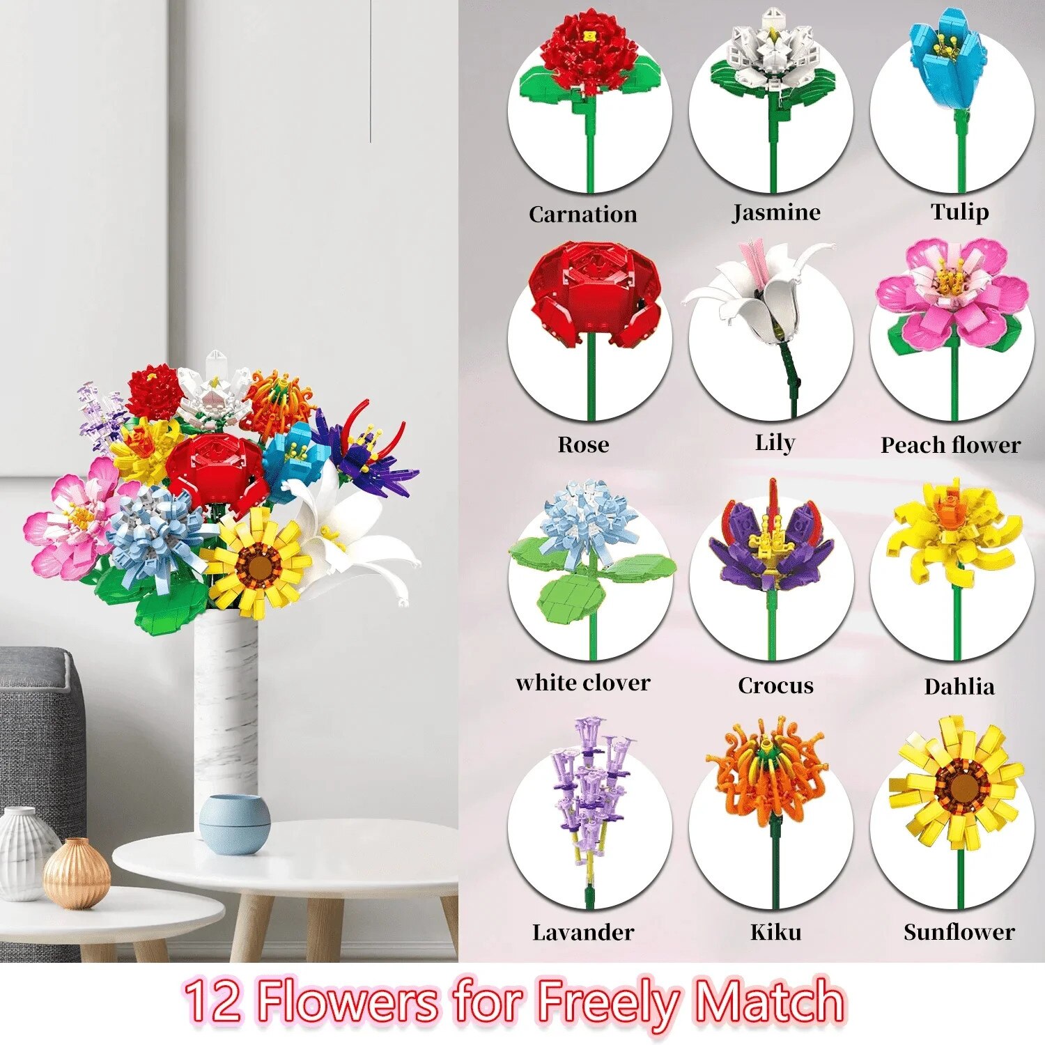 Set de Constructie Flori, BYONDSELF®, Buchet de flori, 1064PCS, 12 ...