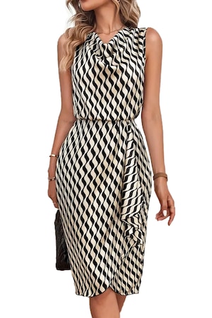 Rochie office eleganta de vara, print geometric, talie accentuata ...