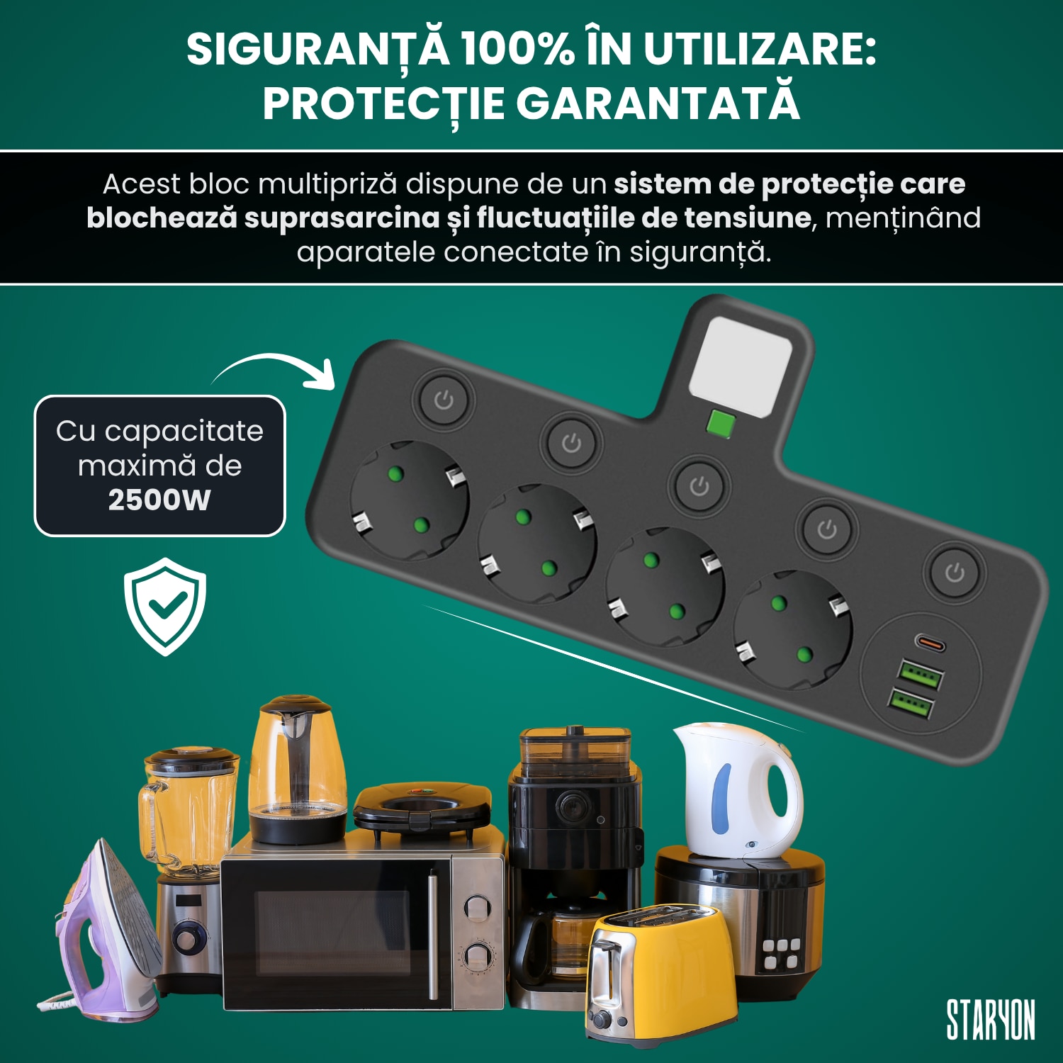 Bloc Multipriza / Priza Multipla 2500W Staryon®, 4 Prize Schuko + 2 ...