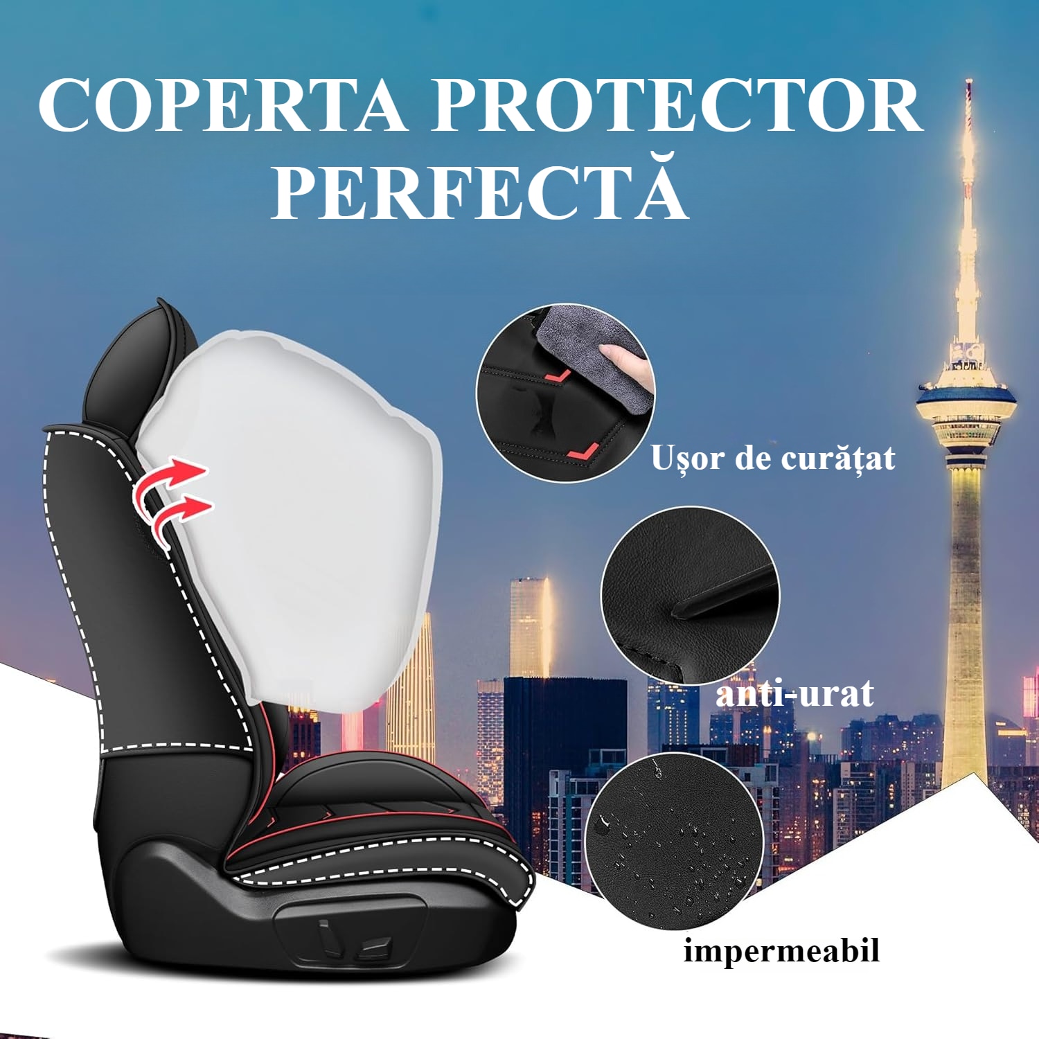 Husa scaun auto, universala, din piele PU, stil interior luxos, 1 piesa ...