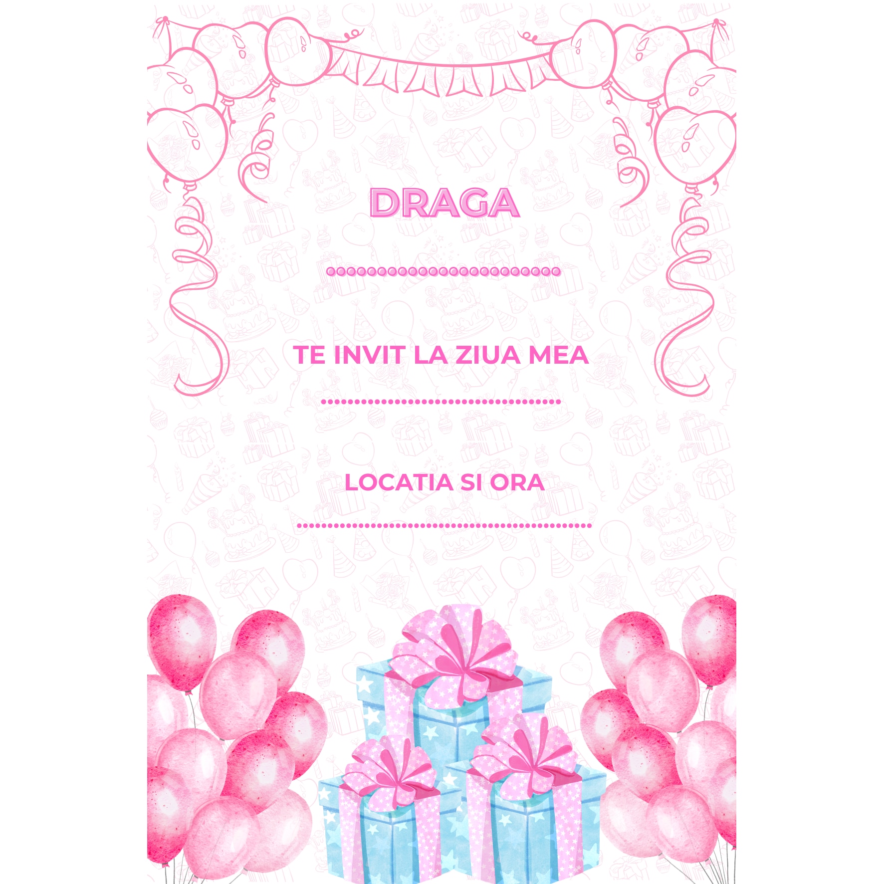 Set 10 invitatii zi de nastere tip formular pentru copii, Pink, Format ...