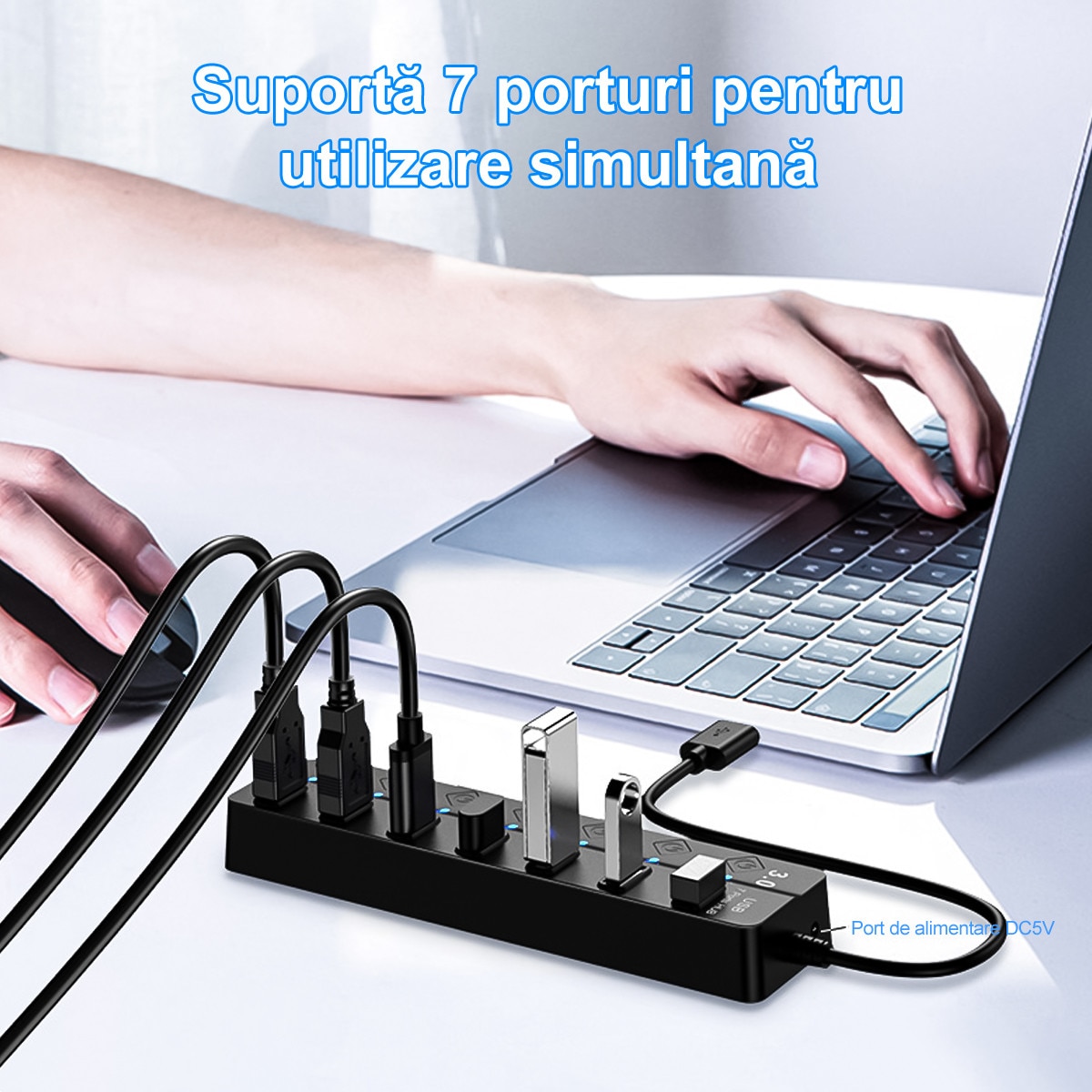 Hub USB 3.0 cu 7 Porturi, fiecare cu Intrerupator Individual On/Off si ...