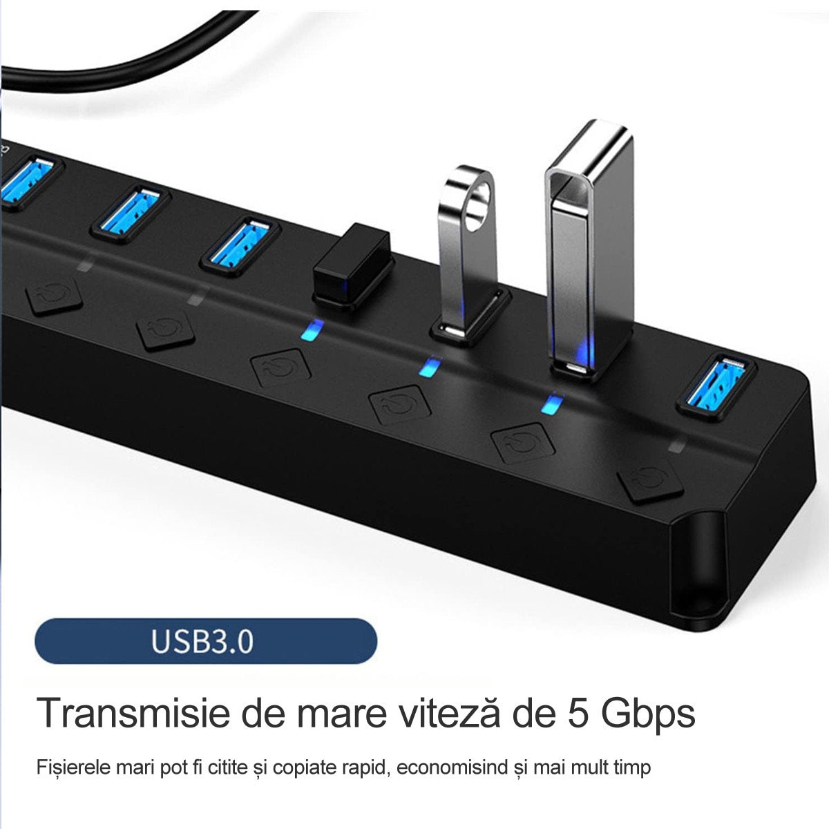 Hub USB 3.0 cu 7 Porturi, fiecare cu Intrerupator Individual On/Off si ...