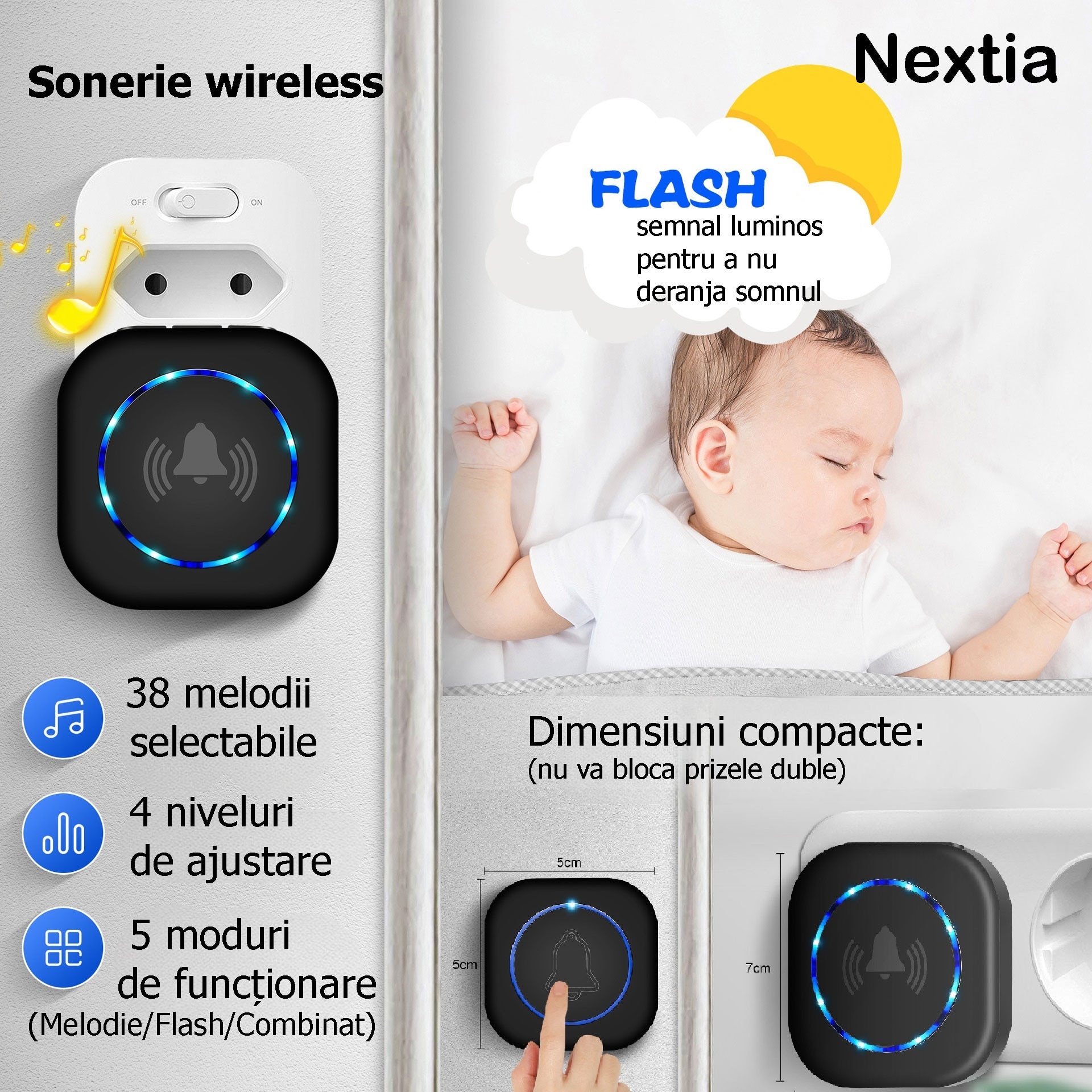Sonerie wireless Nextia B10BK-1, pentru usa poarta, digitala, cu ...