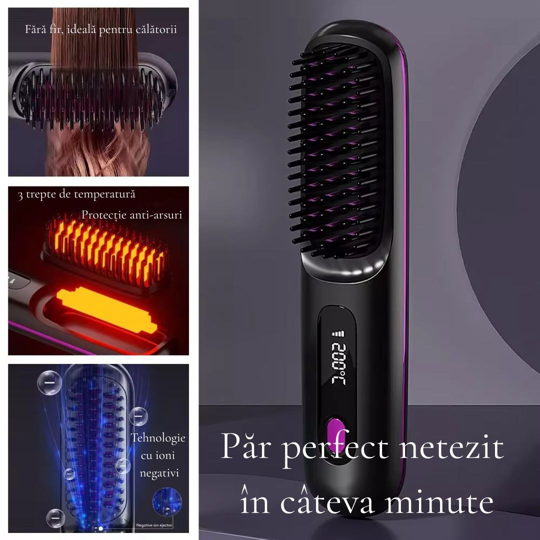Perie electrica de indreptat parul fara fir, 3 trepte de temperatura ...