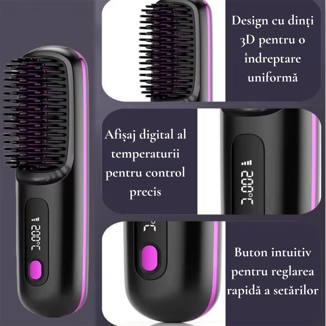 Perie electrica de indreptat parul fara fir, 3 trepte de temperatura ...