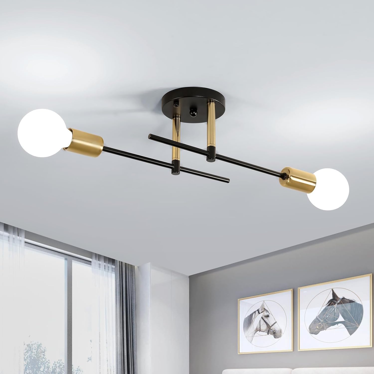 Plafoniera，Lampa de tavan, Goeco, Retro, 2 Becuri, E27, Negru + Auriu ...