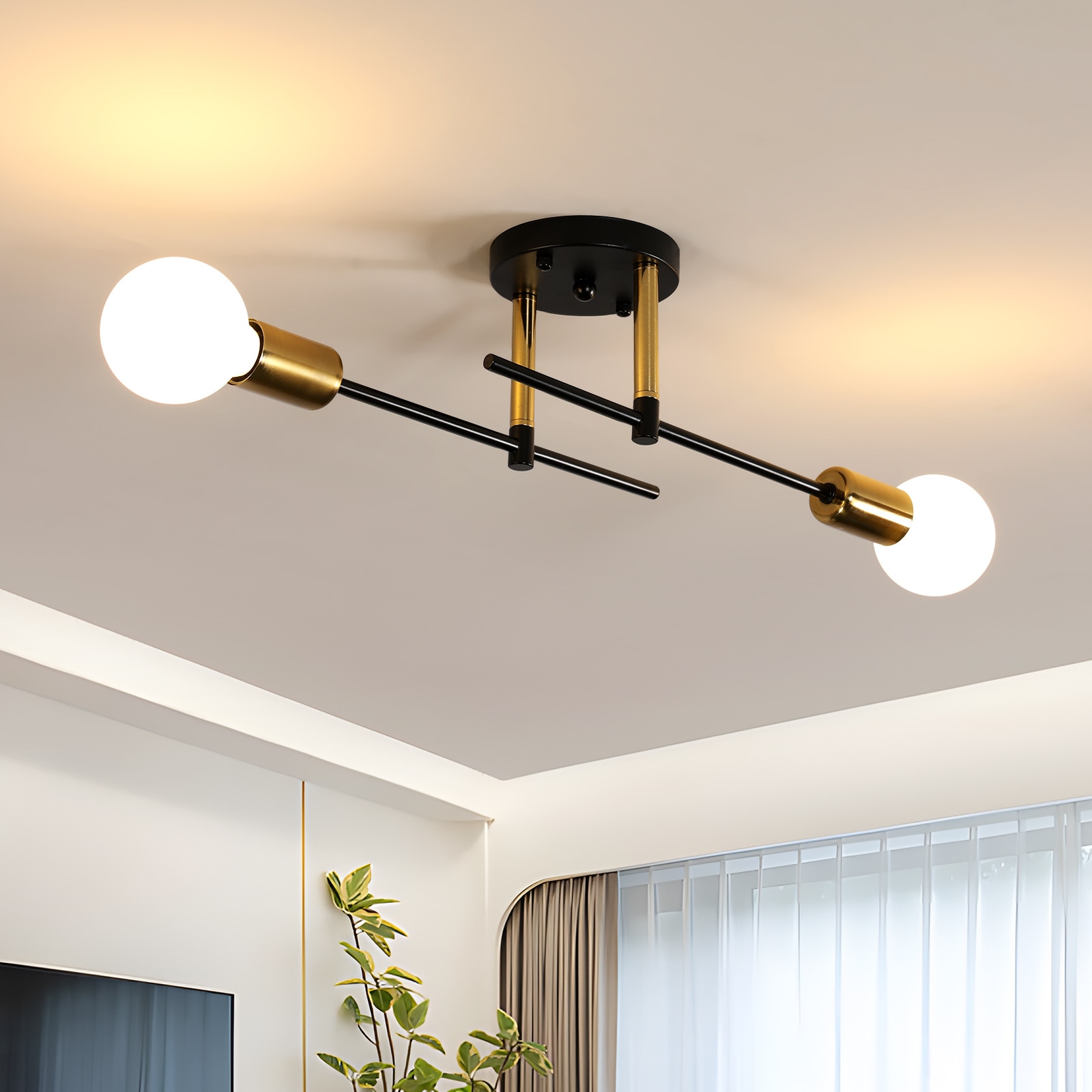 Plafoniera，Lampa de tavan, Goeco, Retro, 2 Becuri, E27, Negru + Auriu ...