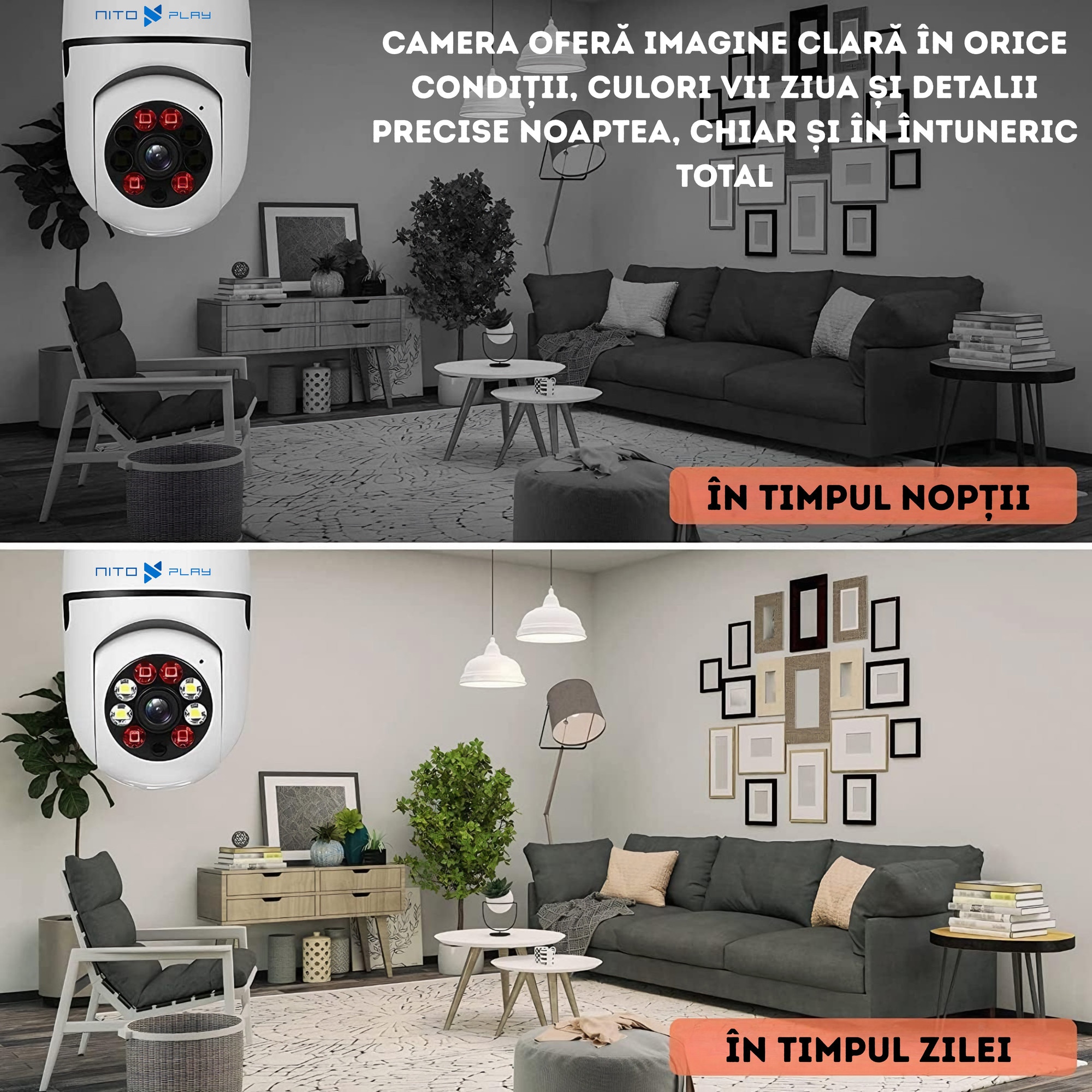 Cameră de Supraveghere NITOPLAY Q3, E27, Full HD, WiFi, Vedere Nocturnă, Panoramare 360 - eMAG.ro