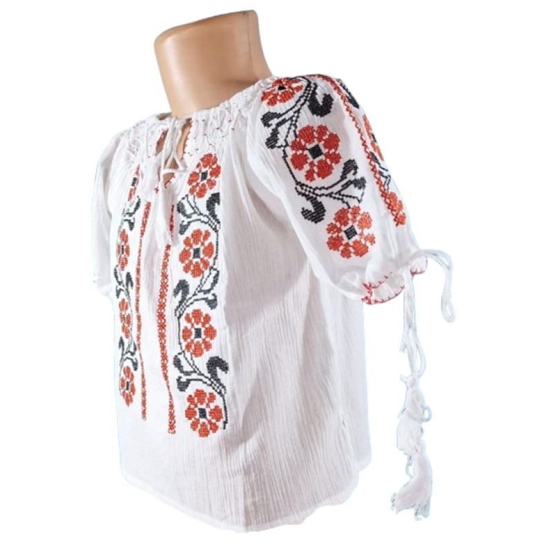 Ie nationala pentru fetite. Alb cu broderie florala, LL/M 10-11 ANI ...