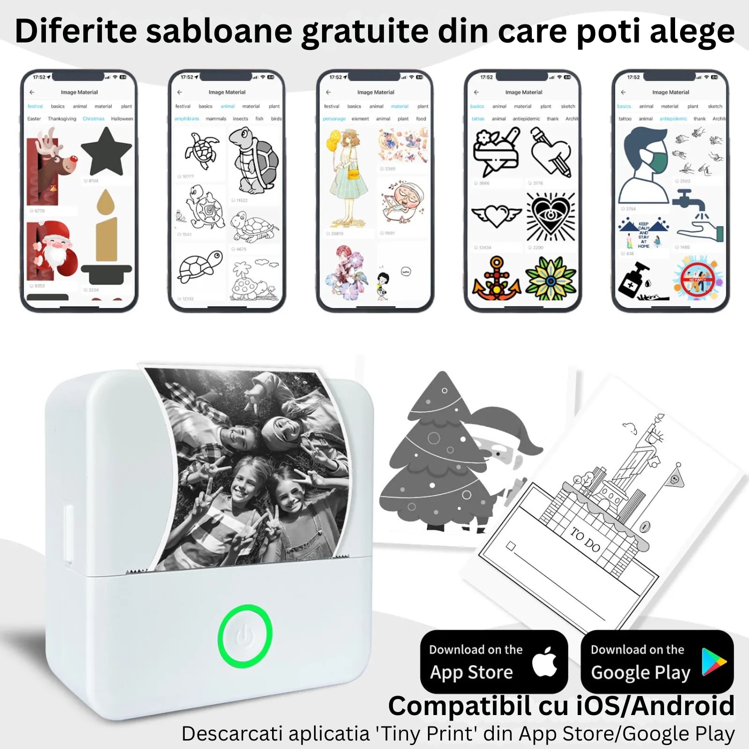 Mini Imprimanta Portabila Termica Bluetooth, Compatibila iOS/Android ...