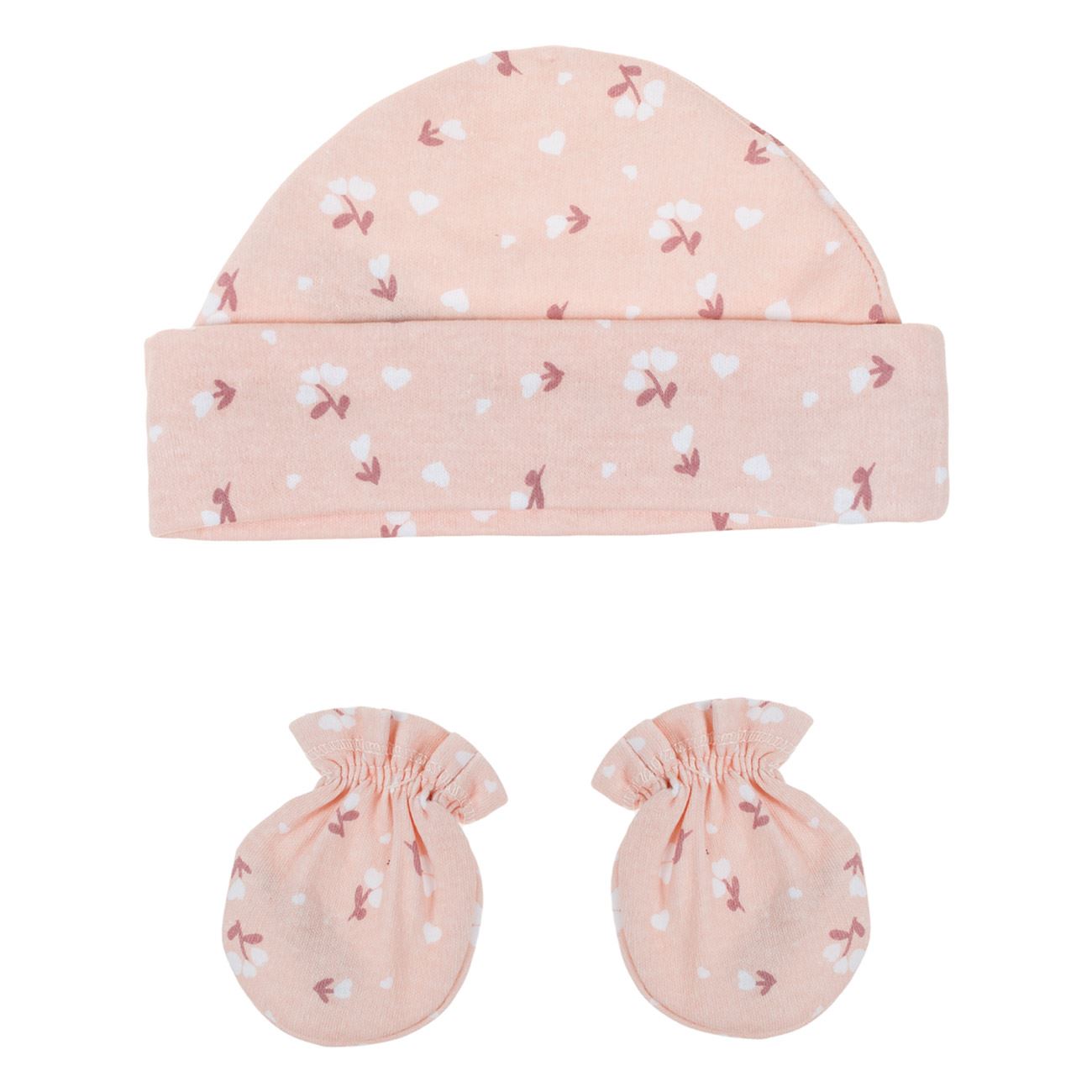 Set din bumbac cu caciulita & manusi somon floral pentru nou nascut ...
