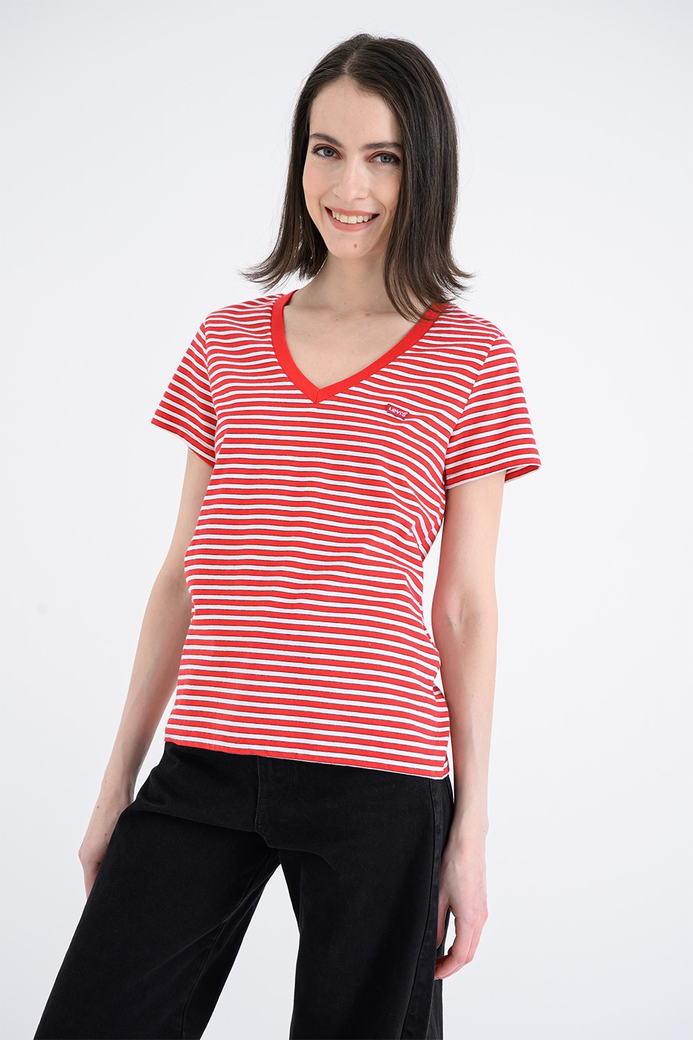 Levi's, Tricou de bumbac cu decolteu in V, Rosu, Alb, L - eMAG.ro