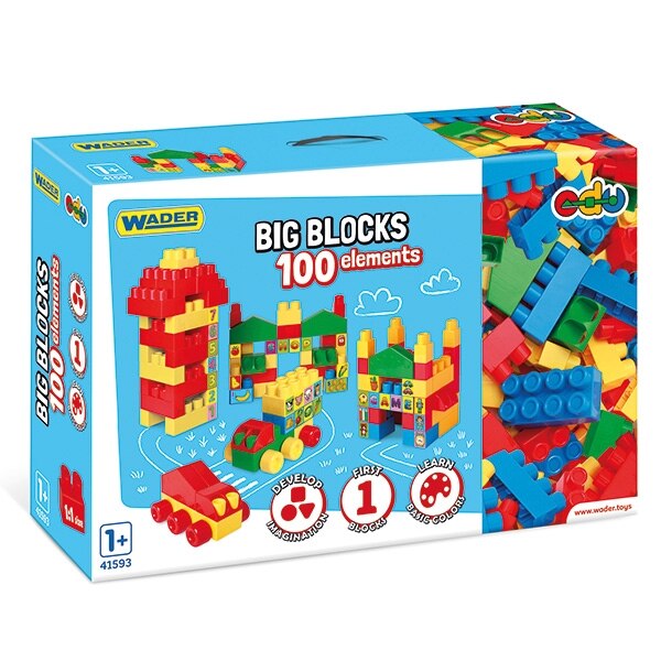 Set 100 cuburi colorate Big Blocks, Wader, sistem de montaj simplu ...
