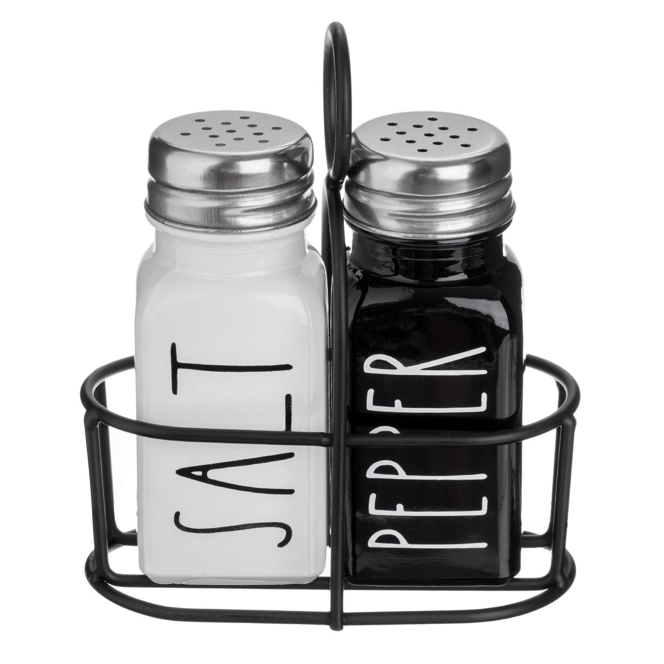 Set solnita sare piper din sticla neagra alba cu baza metalica 85ml ...