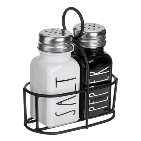 Set solnita sare piper din sticla neagra alba cu baza metalica 85ml ...