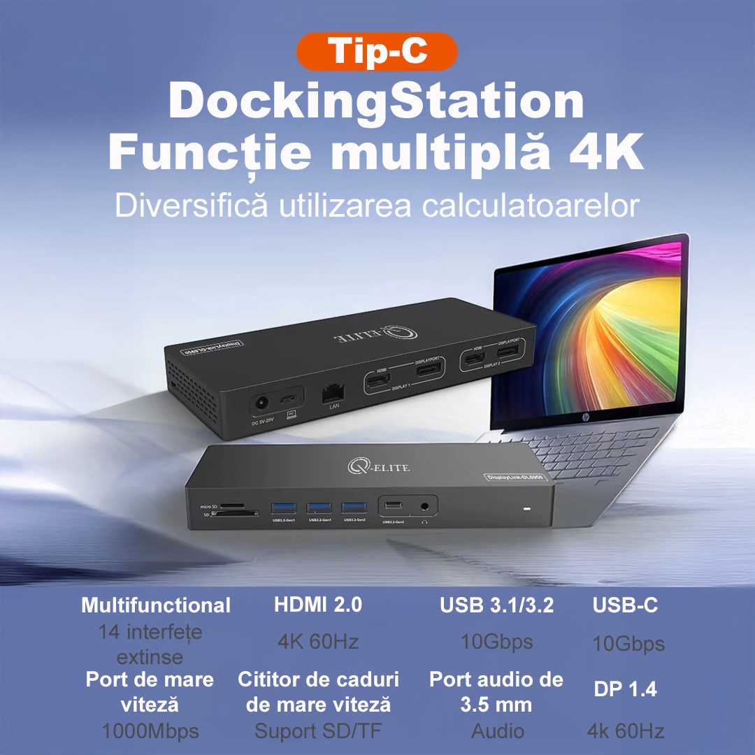 Docking Station 14 in 1 cu Chip DisplayLink si MST, 2xHDMI + 2xDP 4K ...