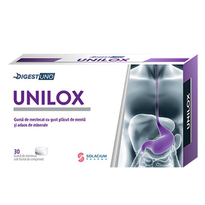 Unilox, guma de mestecat impotriva aciditatii gastrice, Solacium Pharma ...