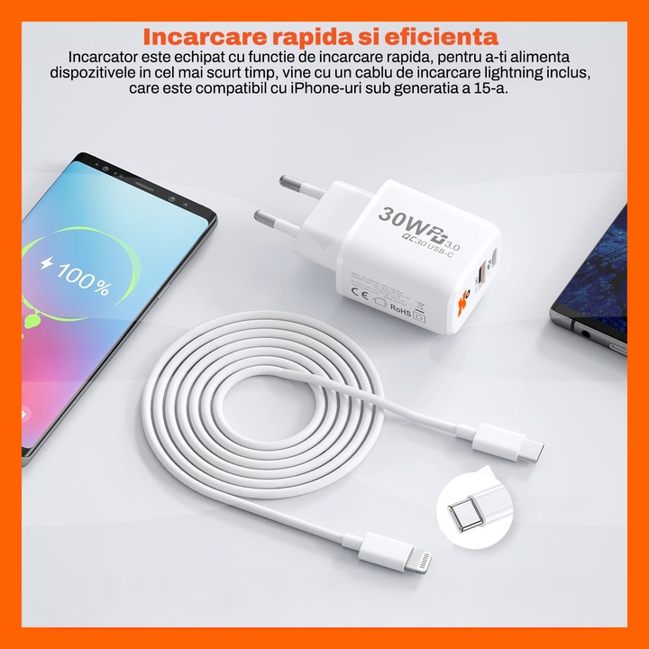 Set Incarcator 30W Runex®, Porturi Type-C si USB-A, Compatibil iPhone ...