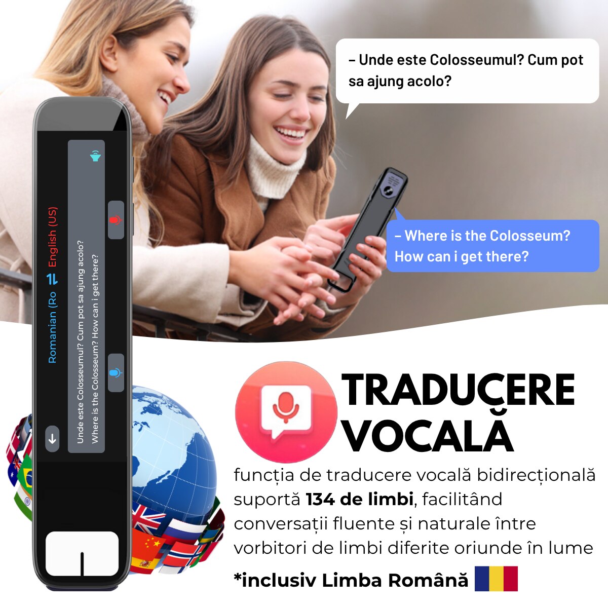 Traducator Inteligent cu ChatGPT, Wi-Fi, Bluetooth, 134+ Limbi, 8GB ...