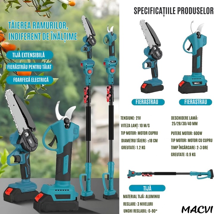 Set Macvi® Foarfeca Electrica si Drujba cu Brat Extensibil 195 cm ...