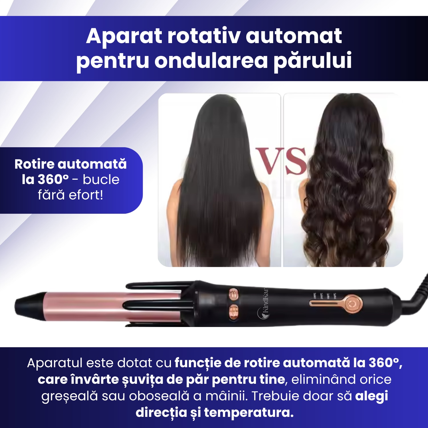 Ondulator automat pentru par, KindKare, rotire 360°, 2 directii de ...