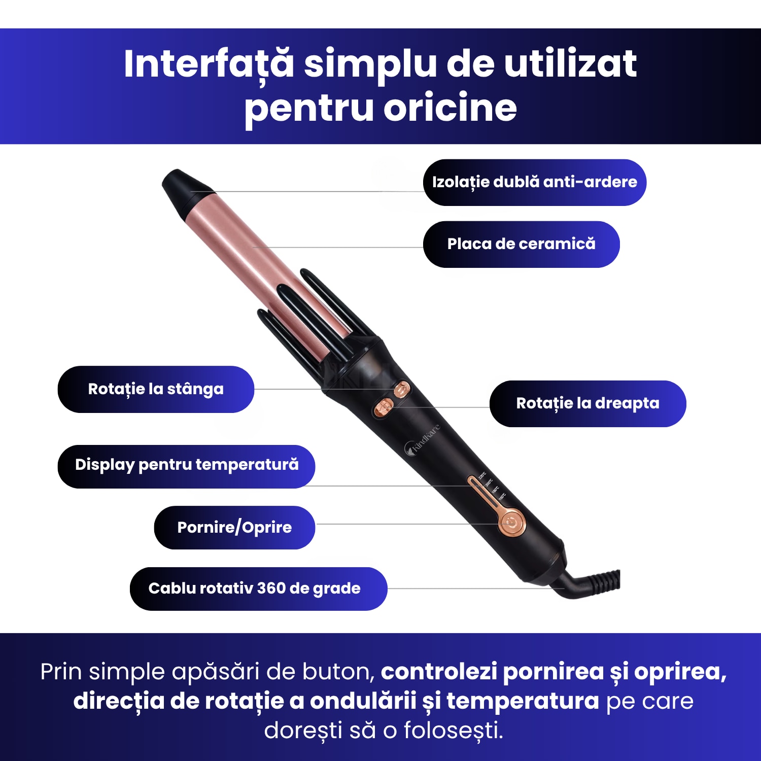 Ondulator automat pentru par, KindKare, rotire 360°, 2 directii de ...