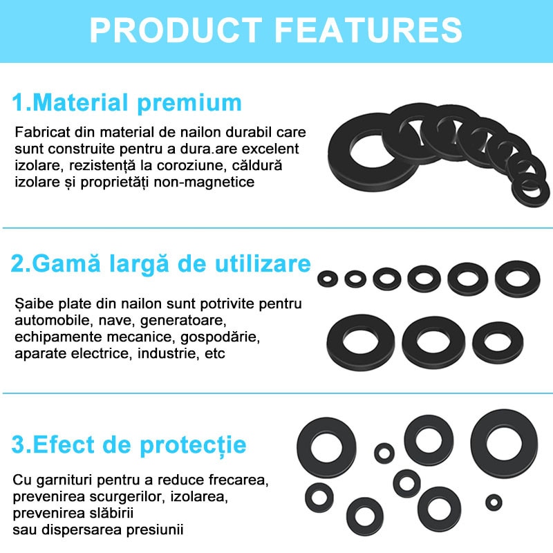 Set 1200 saibe plate nylon, Rqiurpn, 9 dimensiuni diferite, M2-M12, Cu ...