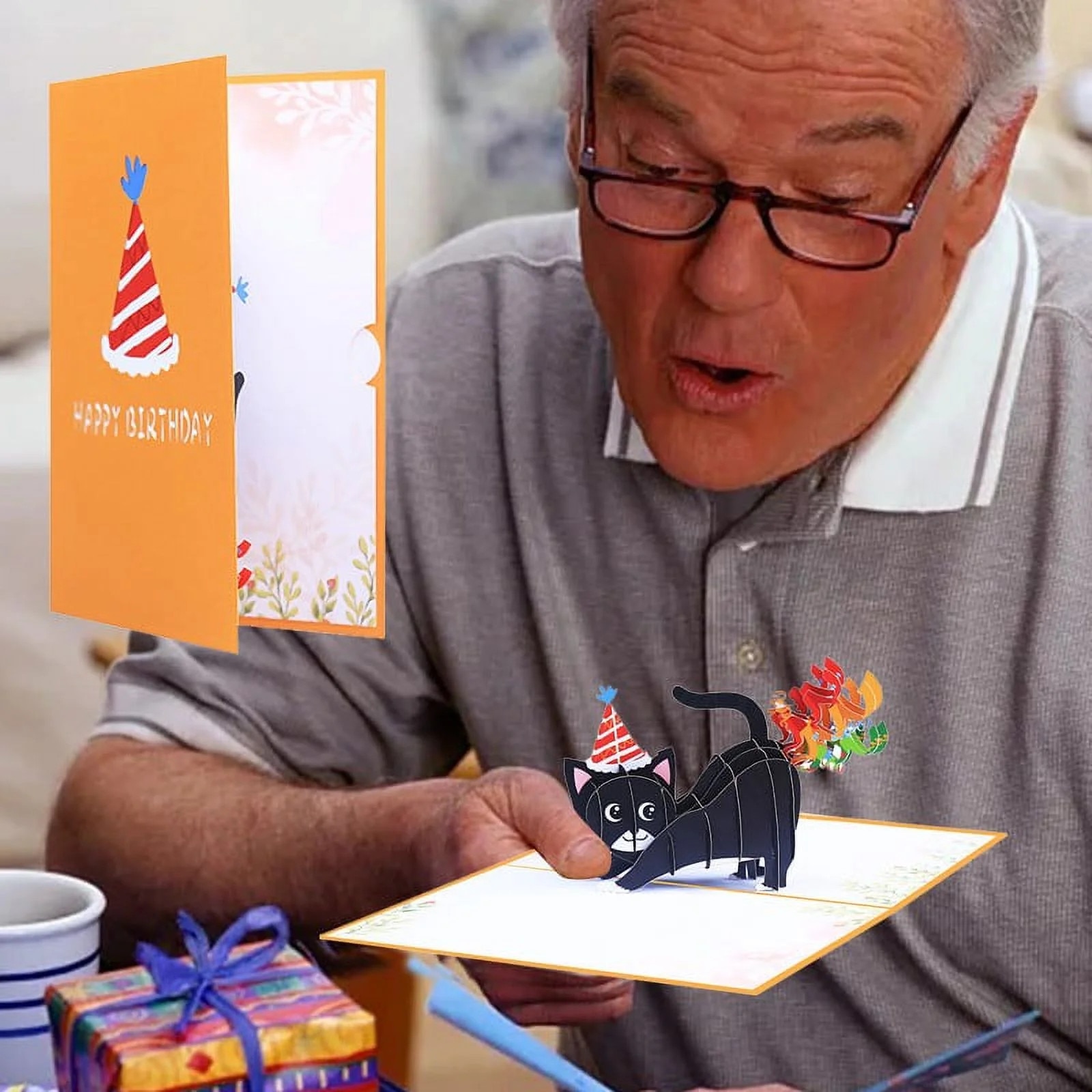 Felicitare amuzanta de ziua de nastere cu pisica, design 3D, multicolor ...