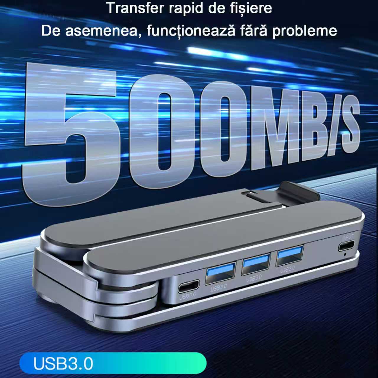 Suport pentru laptop, HUB Booster din aluminiu, Hub pliabil 4-in-1 ...