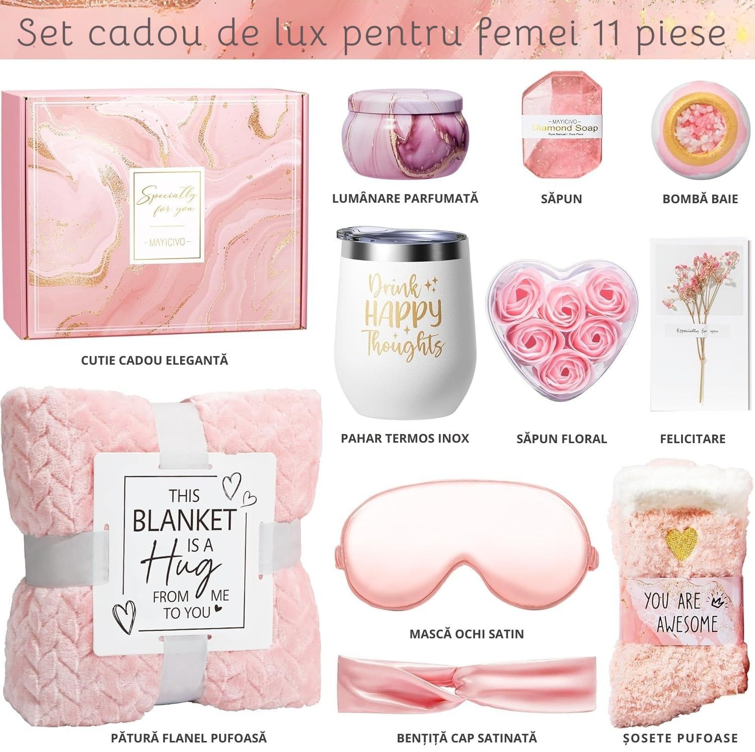 Set cadou Premium pentru femei, Giftry®, 11 Piese, Patura pufoasa, Spa ...