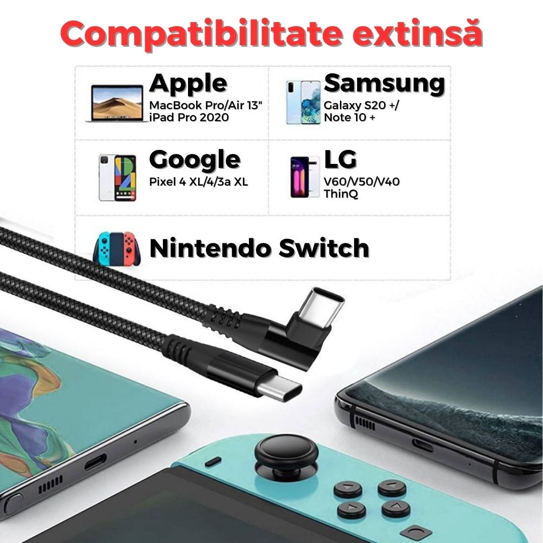 Cablu USB-C la USB-C PD 60W, AHA PRINT®, Transfer Date si Incarcare ...