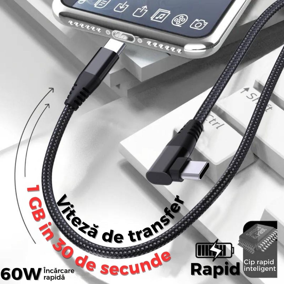 Cablu USB-C la USB-C PD 60W, AHA PRINT®, Transfer Date si Incarcare ...